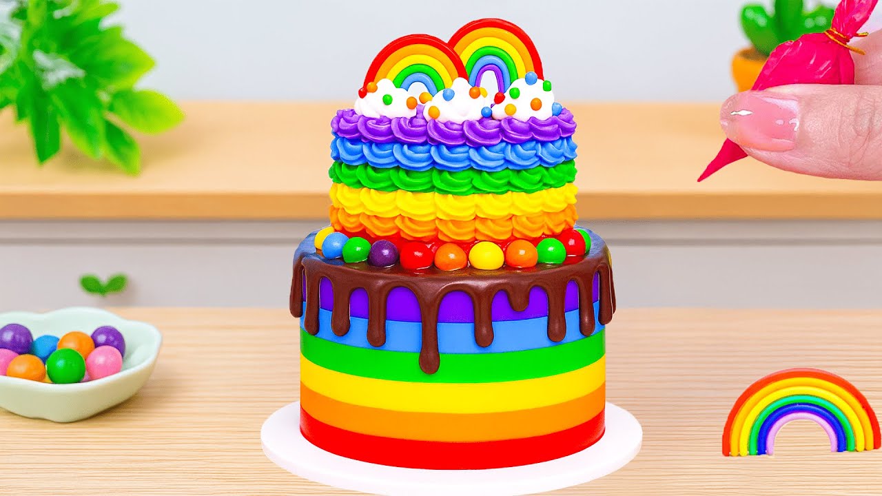 How to Make Rainbow Cake Recipe With Chocolate 🌈 Cute 2 Tier Mini Rainbow Cake 🍫 HT Mini Cakes ...
