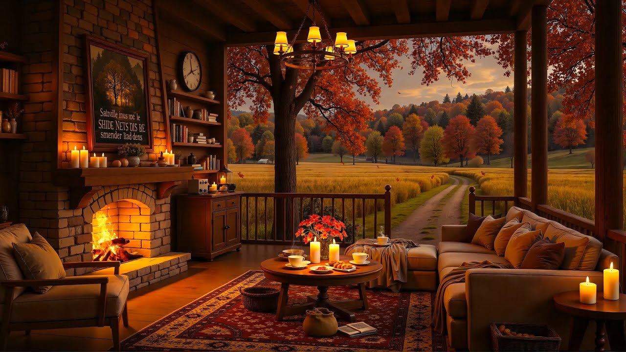 Cozy Fall Cottage Ambience 🍁 Relaxing Piano Jazz & Crackling Fireplace ...