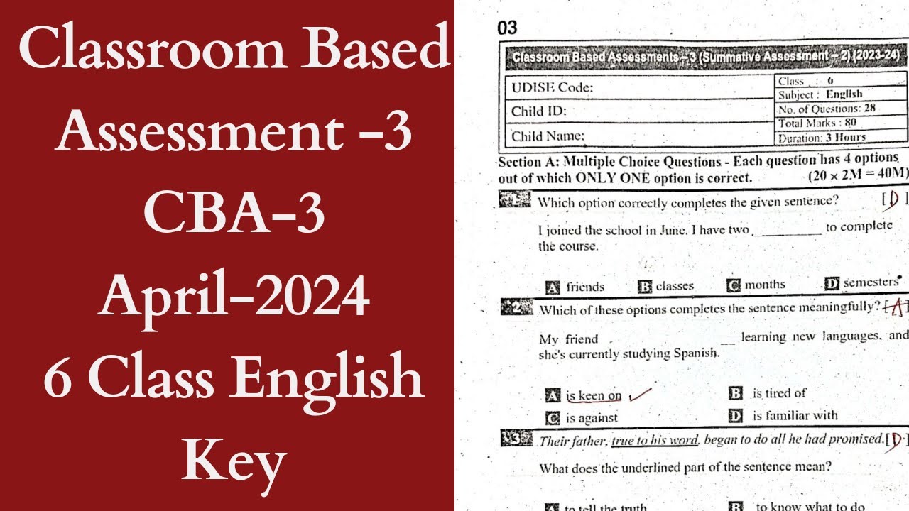 💐 ️ Classroom Based Assessment-3 CBA-3 April-2024 6th English Key Paper ...