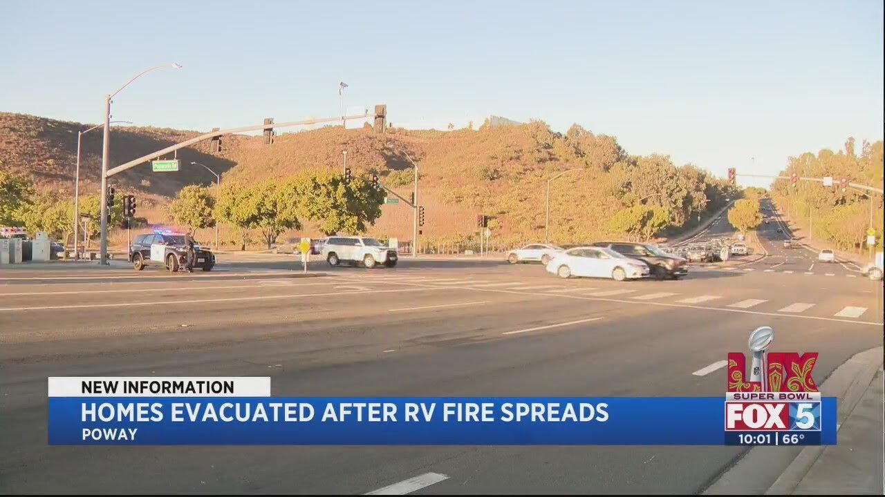 Vegetation fire in Poway prompts road closures, evacuations - YouTube