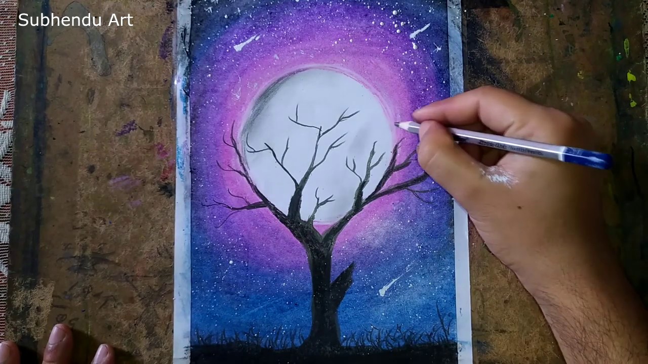 How to draw the Moon behind the dried tree with oil pastel. - YouTube
