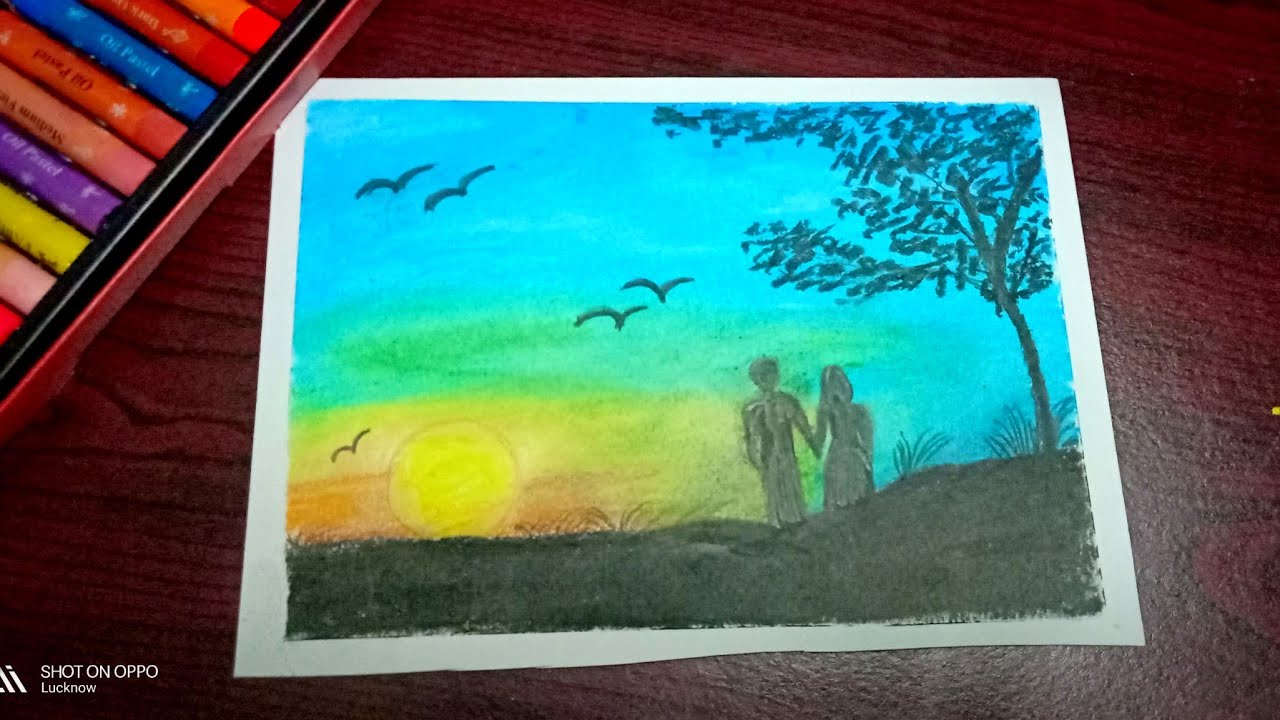 #Oilpastel How To Draw Sunset Boy And Girl Scenery Drawing - Step By ...