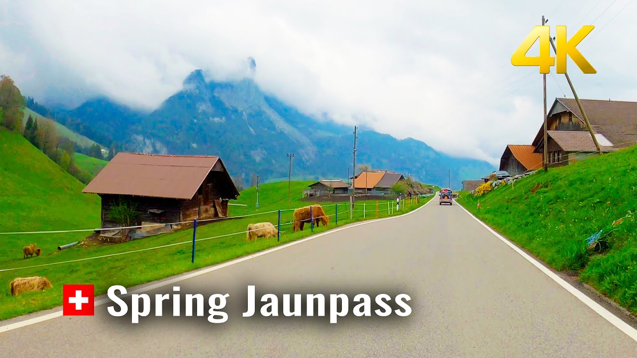 Jaun Pass , Spring driving in Switzerland, tranquil alpine Jaunpass ...