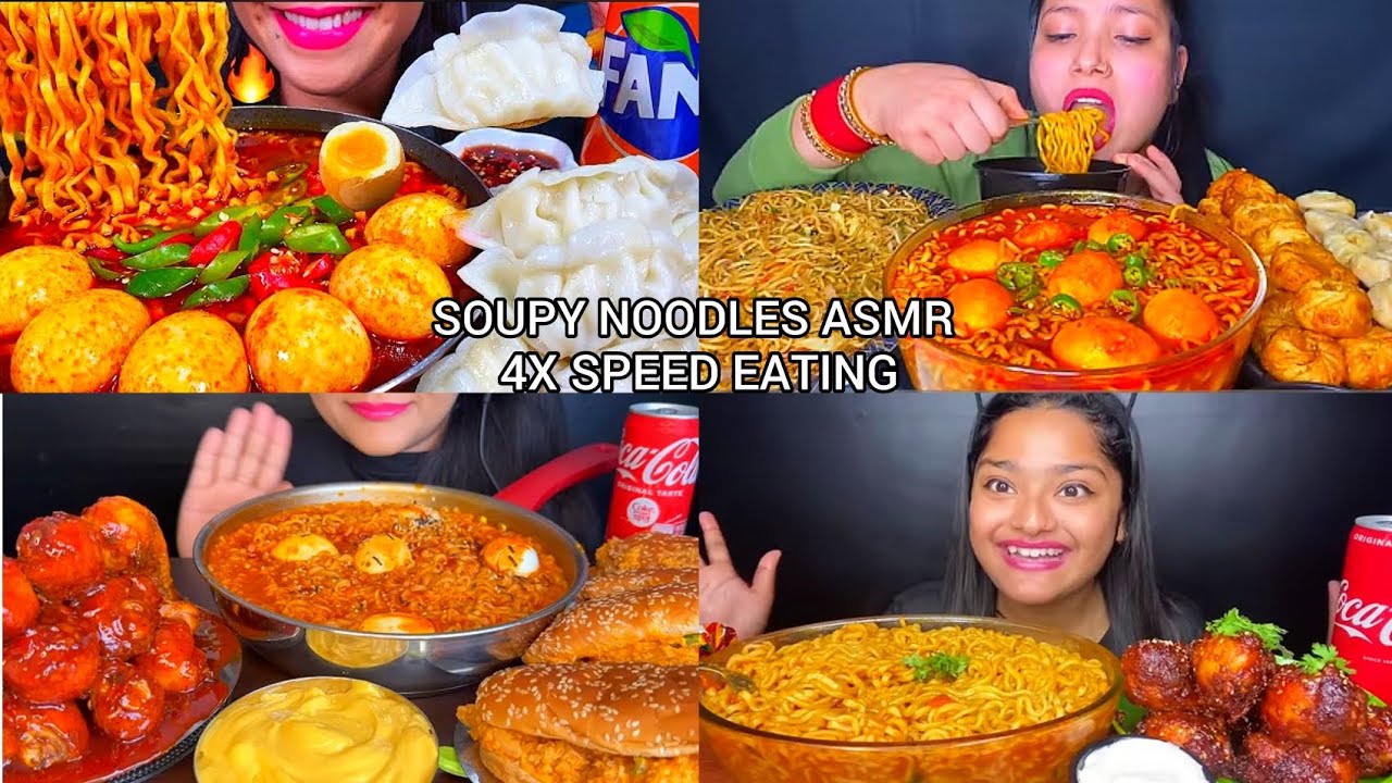 ASMR SOUPY NOODLES, BOILED EGGS,EGG BUNS,MOMO,BARBECUE CHICKEN LEG ...