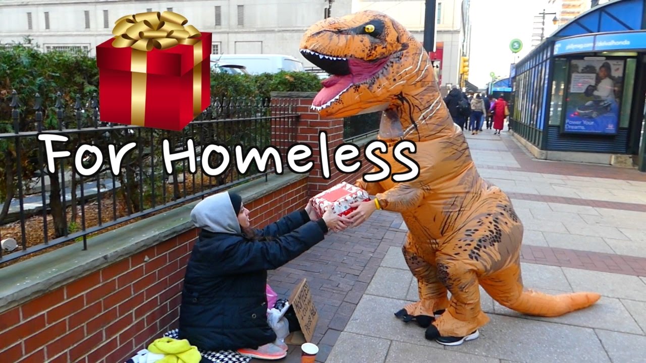 T-Rex Spreads Cheer- Presents To Homeless! - YouTube