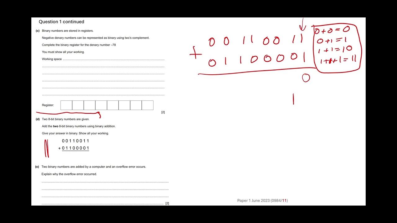 Q1 part d * BINARY ADDITION * Cambridge iGCSE Computer Science Paper 11 June 2023 - YouTube
