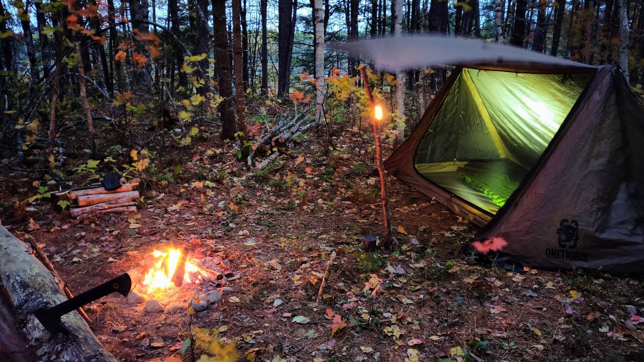 Autumn Camping in a Baker Tent, Overnight Rain - Campfire chicken - YouTube