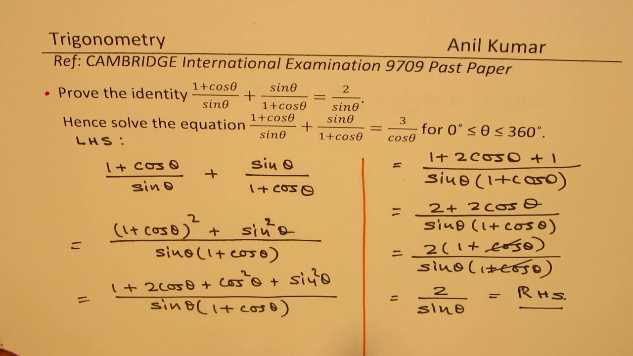 Prove Trigonometric Identity and Solve Equation (1+cosθ)/sinθ+sinθ/(1 ...