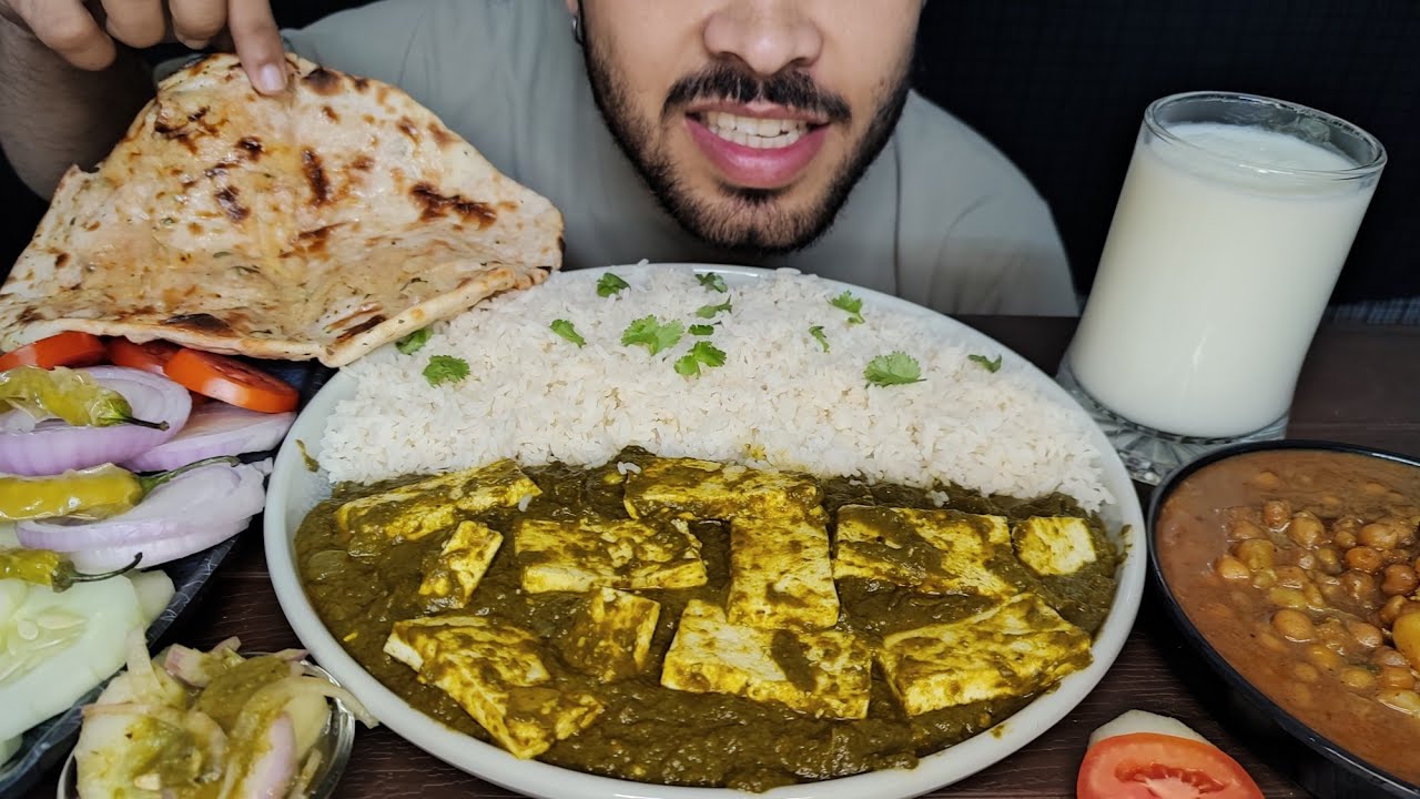 ASMR : PALAK PANEER🤤, CHANA MASALA, RICE, ALOO NAAN, LASSI, SALAD 🥗 ...
