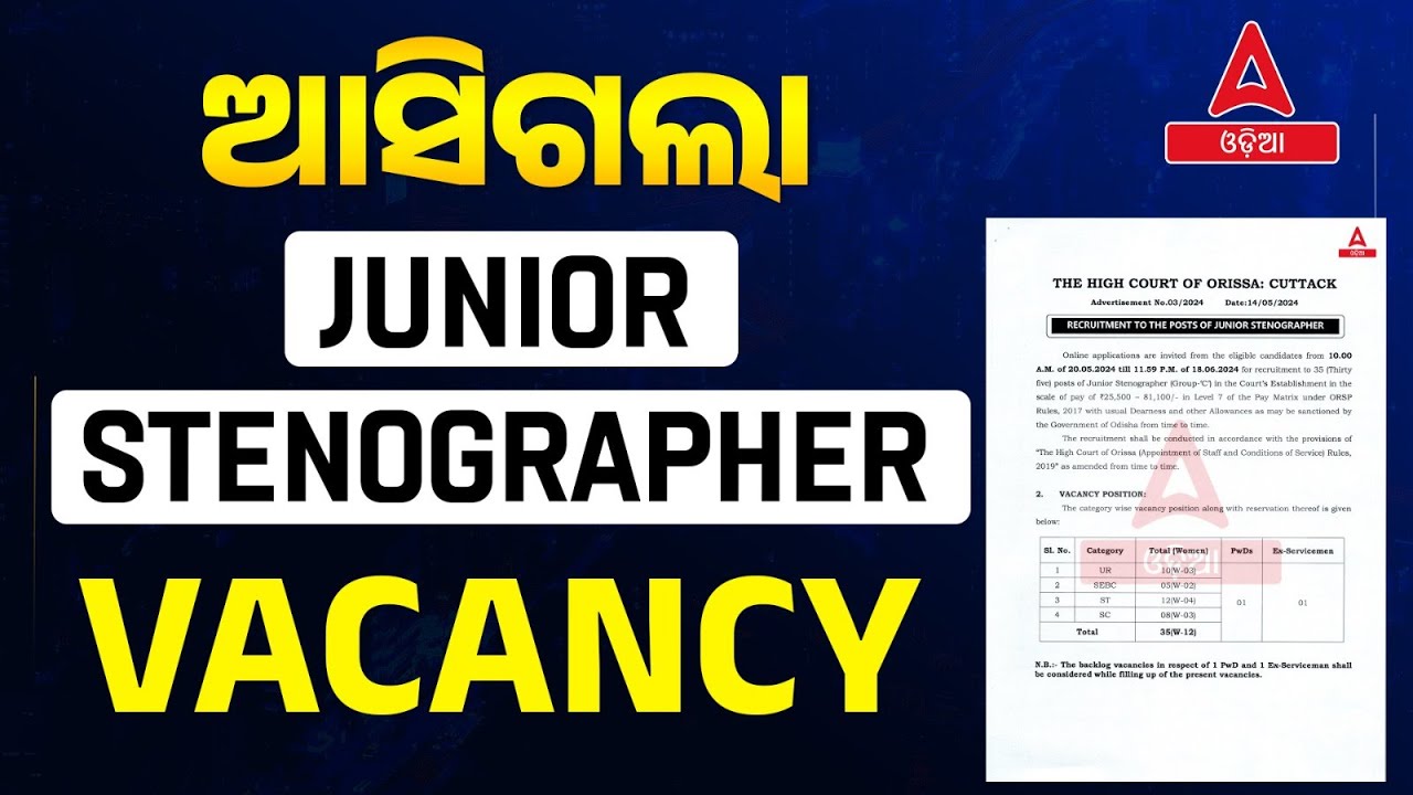 Junior Stenographer Recruitment 2024 | Odisha Junior Stenographer ...