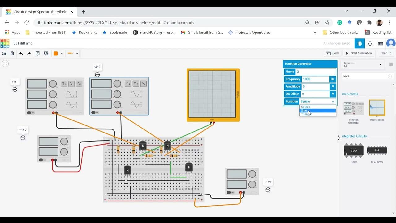 BJT Differential Amplifier Simulation (in TinkerCAD) - YouTube