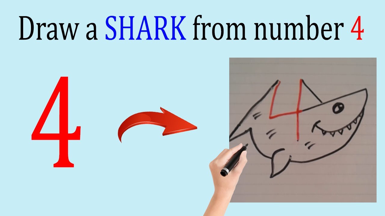 How to Draw a shark from number 4 Step by Step || drawing by numbers ...