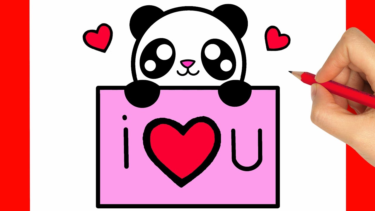 How to Draw a Cute PANDA Holding i ️u Card - Drawing and Coloring for ...
