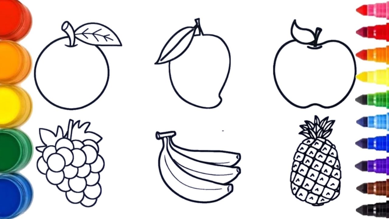Drawing and Coloring Fruits | Fruits Name | Draw Apple Banana Grapes ...
