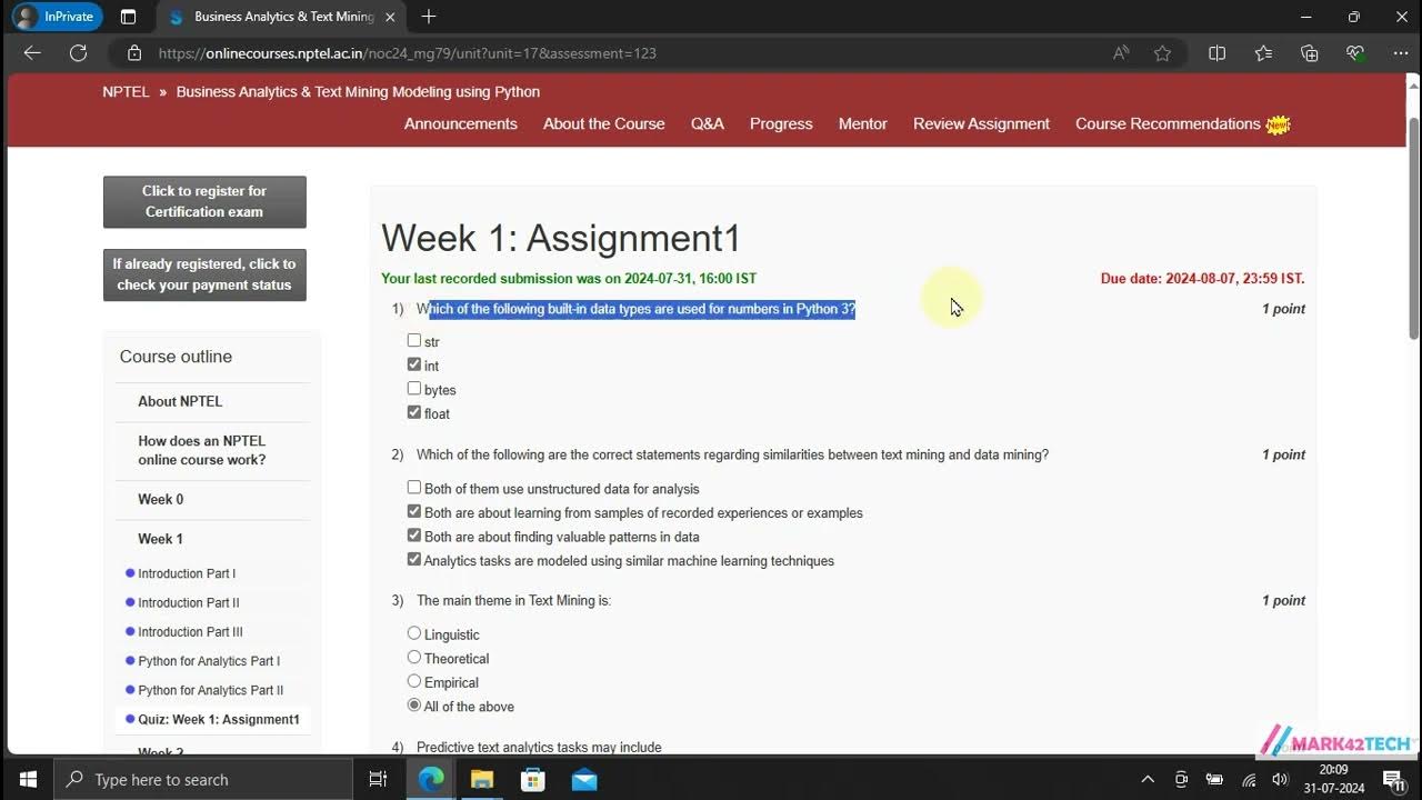 Nptel Business Analytics And Text Mining Modeling Using Python Week1 Assignment1 Solution July
