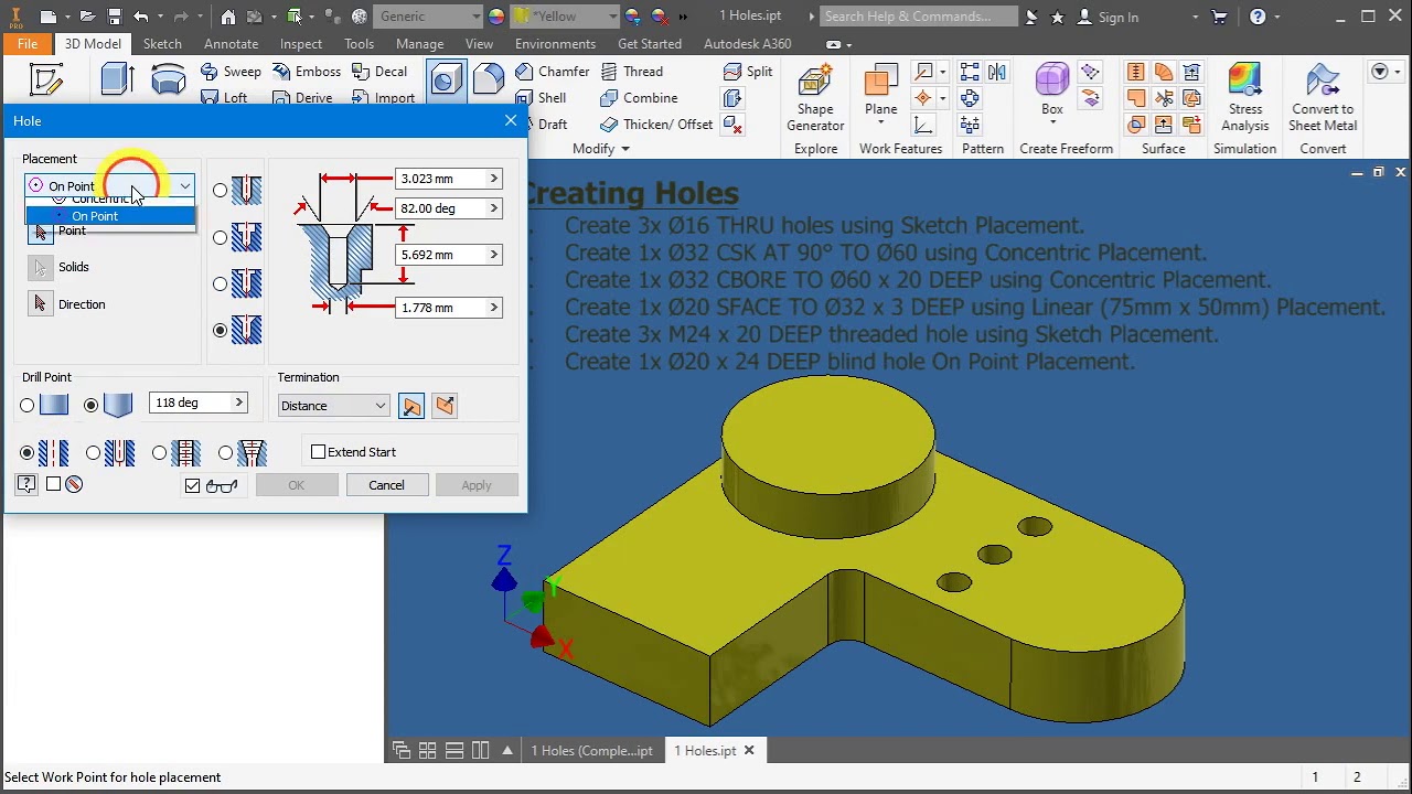 Creating Holes on Autodesk Inventor - YouTube