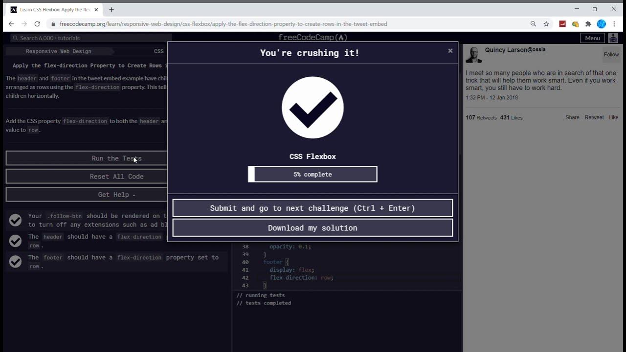 CSS Flexbox (4/17) | Apply flex-direction Property to Create Rows in the Tweet Embed ...