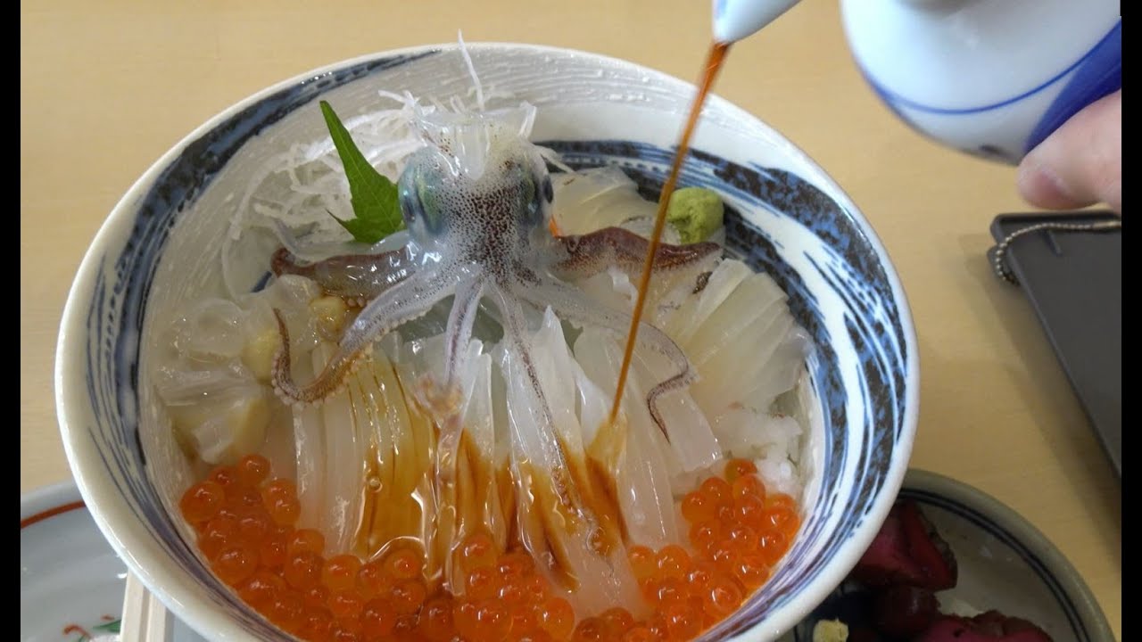 Dancing Squid Bowl (Katsu-ika Odori-don) at Hakodate 活イカの踊り丼 函館 - YouTube