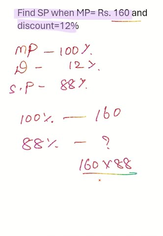 Find SP when MP= Rs. 160 and discount=12%#maths #mts #rrb #exam#cgl# ...