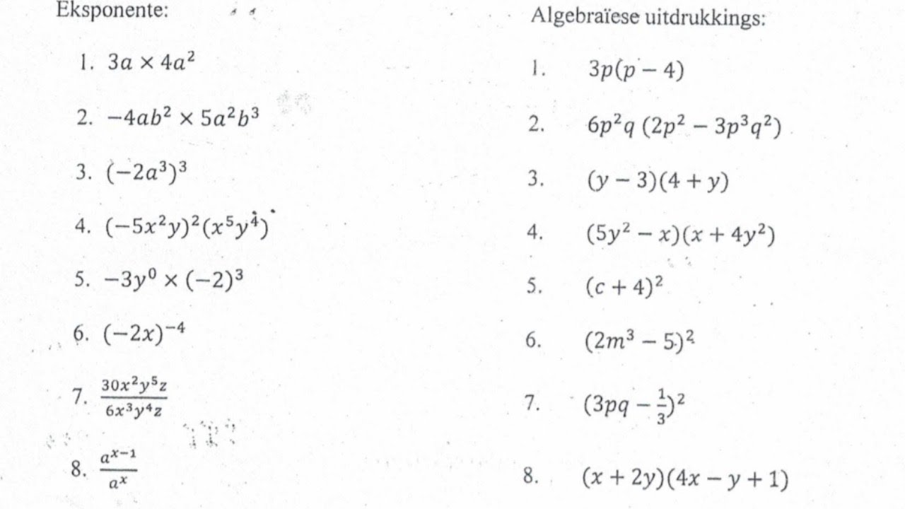 Hersieningsoefening 1 (Eksponente en Algebraiese uitdrukkings) - YouTube