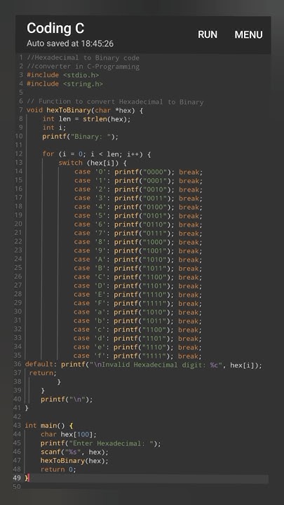 Hexadecimal To Binary Code Converter in C-Programming #hexadecimaltobinary #coding #numbersystem ...