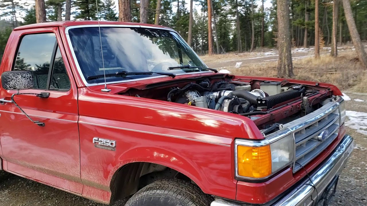 Walk around and Idle of 89 F250 IDI with first gen Banks Turbo - YouTube