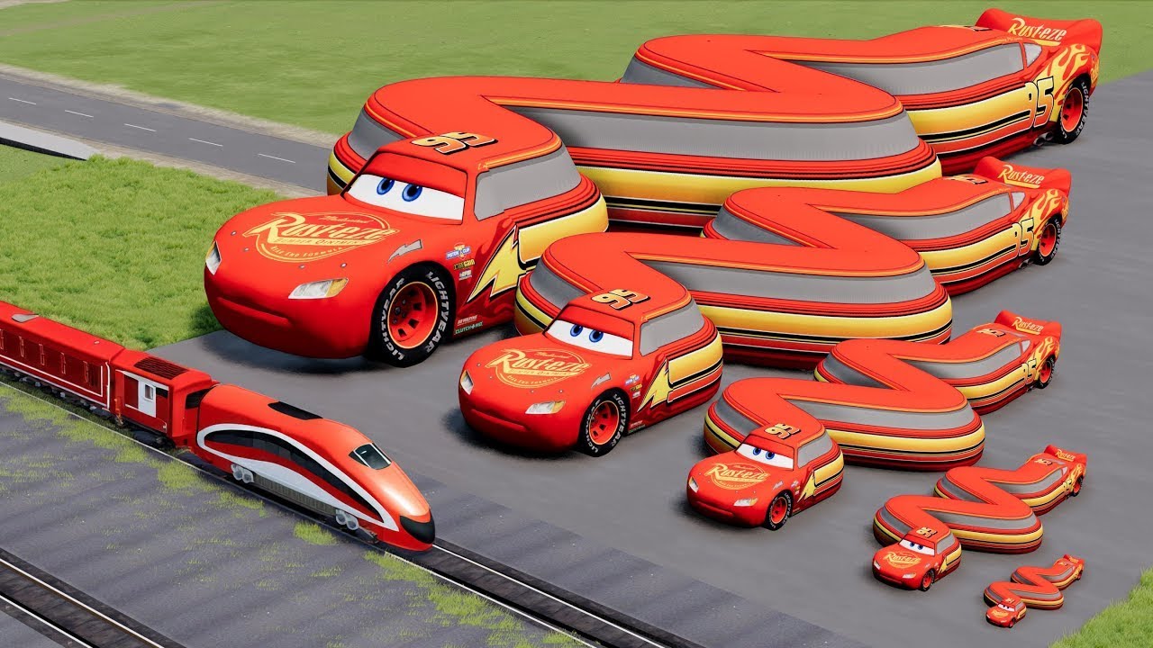 Big & Small Long Snake Lightning Mcqueen vs Trains | BeamNG.Drive - YouTube