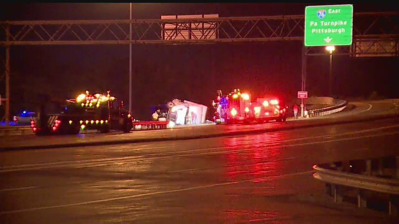 Semi rollover crash on Ohio Turnpike closes exit temporarily - YouTube