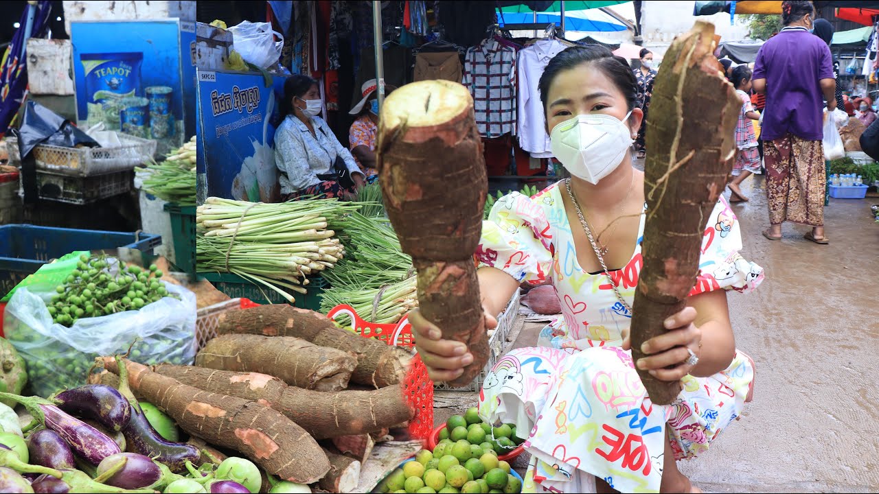 Wet market in the morning, Buy cassava for my recipe / Yummy cassava ...