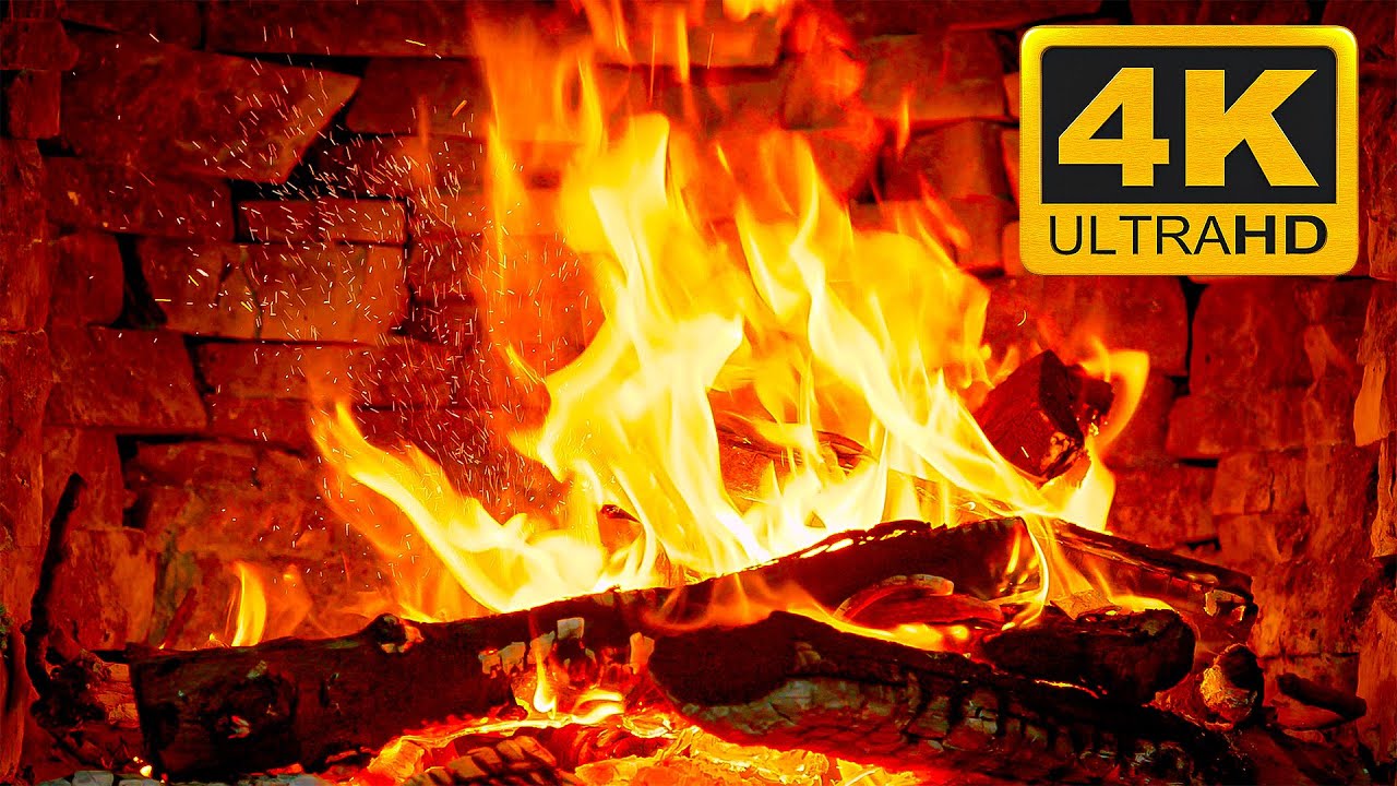 FIREPLACE (3 HOURS) Ultra HD 4K. Crackling Fireplace with Golden Flames ...