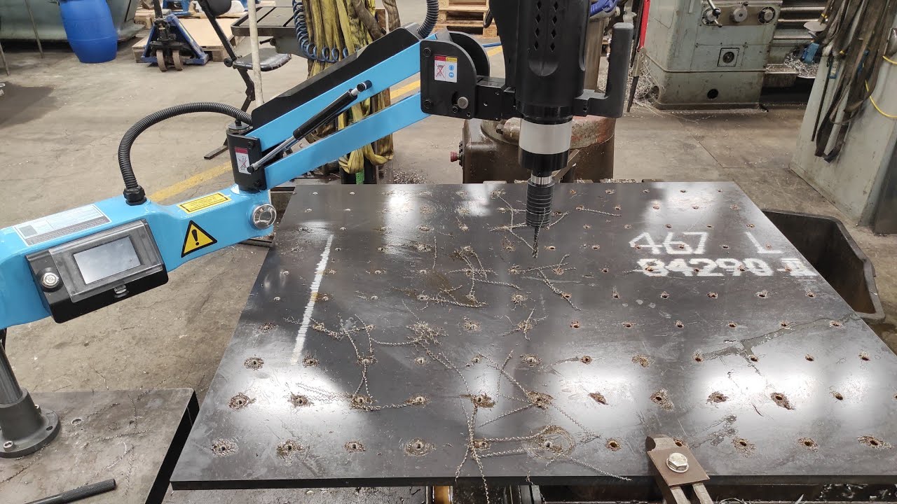 Drilling and tapping holes in new tapping machine table top ☺️💪 - YouTube