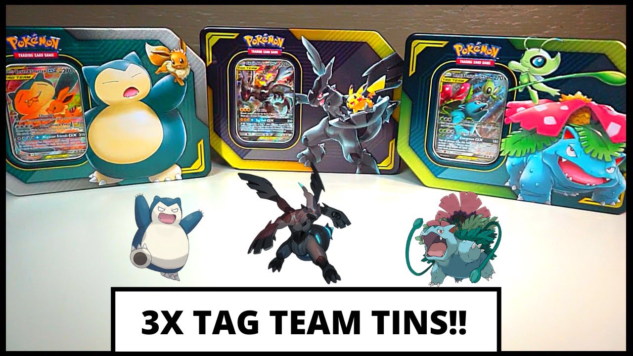 Opening 3X Pokemon Tag Team Tins (Snorlax & Eevee, Zekrom & Pikachu ...