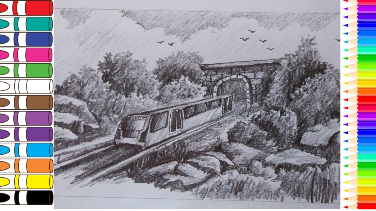 ็How to draw A train and Stone bridge in Nature landscape, วาดภาพรถไฟ ...