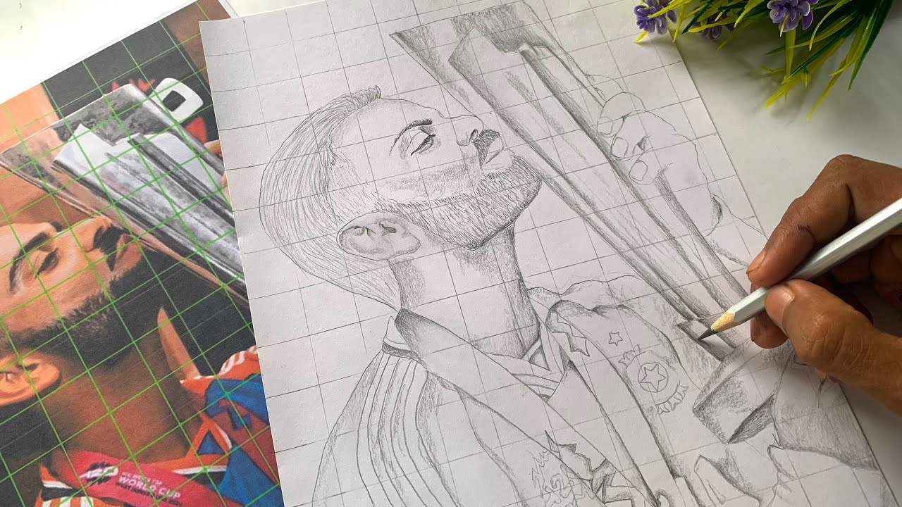 How To Draw Virat Kohli With T20 World Cup step-by-step (Outline ...
