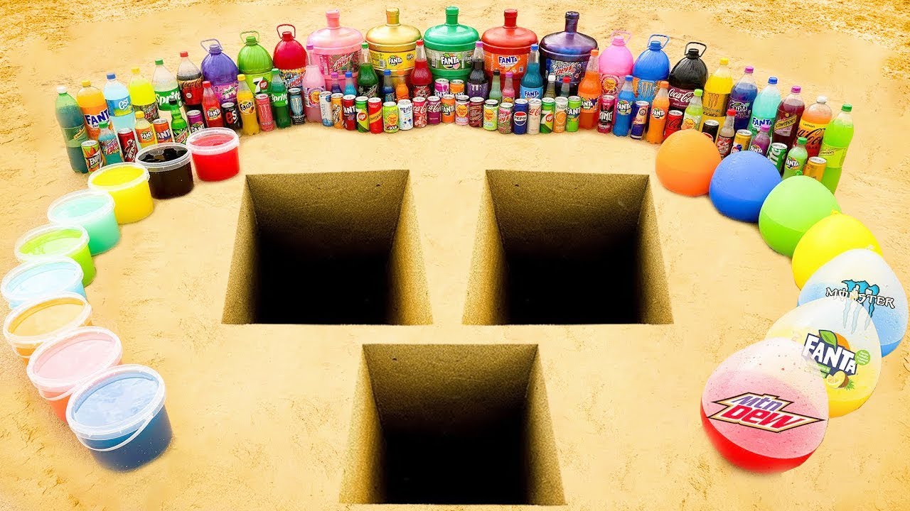 Big Toothpaste Eruption from 4 Square Holes with Fanta, Coca Cola and ...