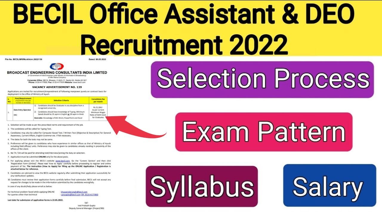 BECIL Office Assistant & DEO Recruitment 2022 | BECIL Office Assistant ...