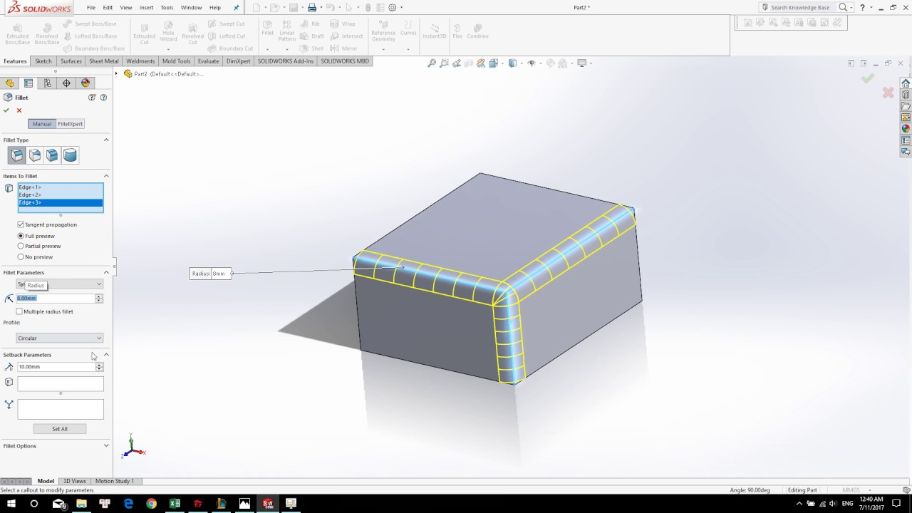 [4CHaUI] Setback parameters fillet feature solidworks - YouTube