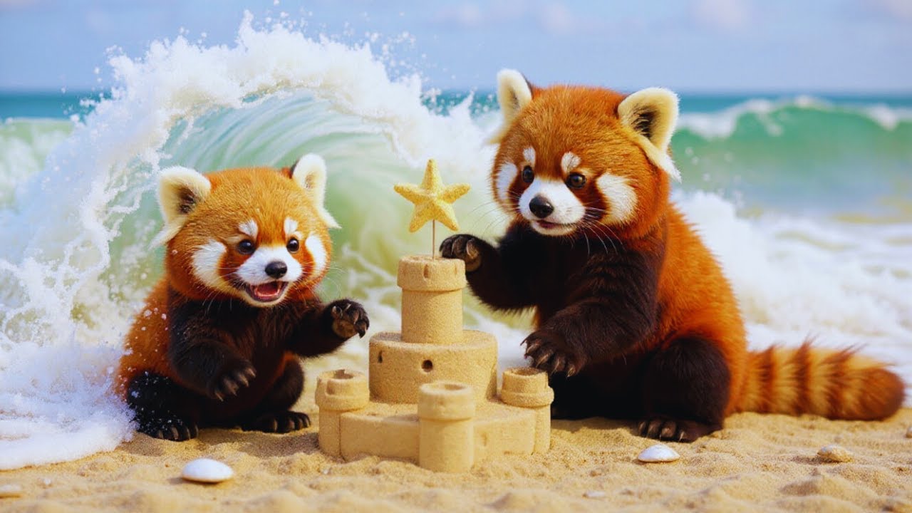 Mama Panda and Baby Swim at Beach 🏖️🐼 Play with Sandcastle and ...