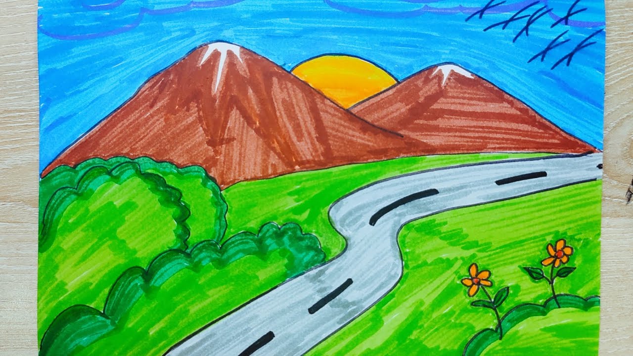 Cara menggambar Pemandangan Gunung Mudah yang Bagus untuk anak anak ...