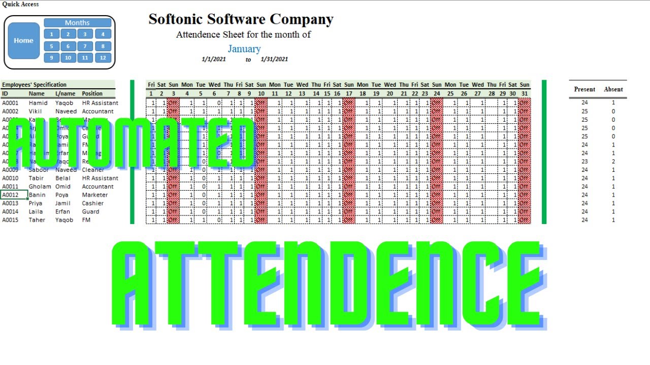 Automated Attendance Sheet in Excel - YouTube