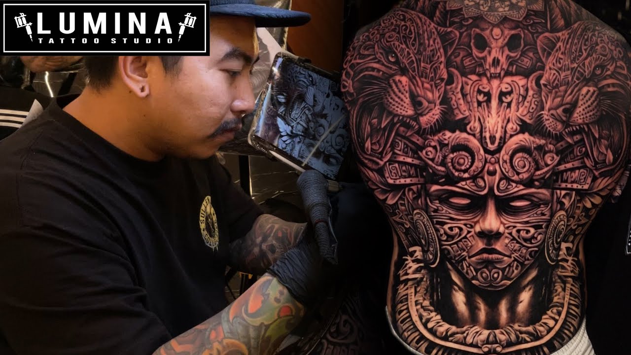 28 HOURS WORK ON AZTEC MYTHOLOGY TATTOO - FULL BACK TATTOO - YouTube