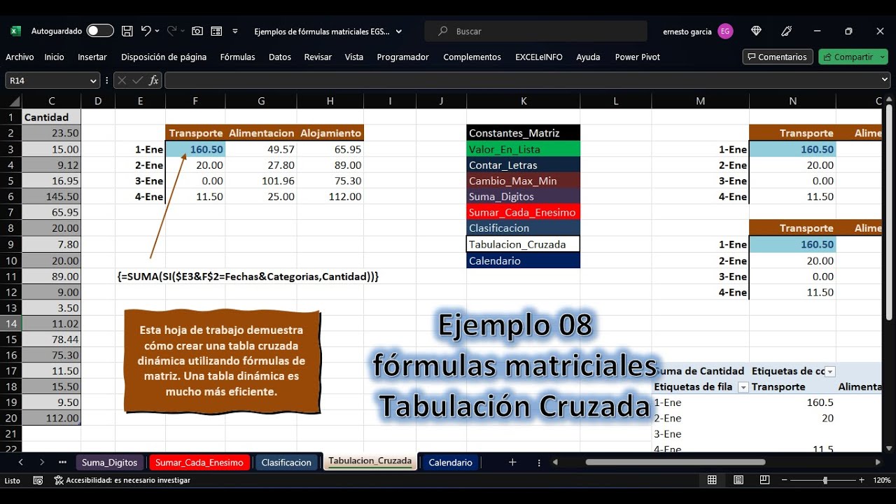 Ejemplo 08 Fórmulas Matriciales Excel Tabulación Cruzada - YouTube