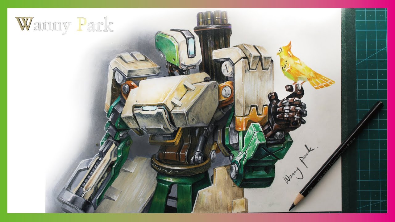 3D Art - 오버워치 바스티온 그리기 - 색연필, 마카 / Bastion Drawing Tutorial - YouTube