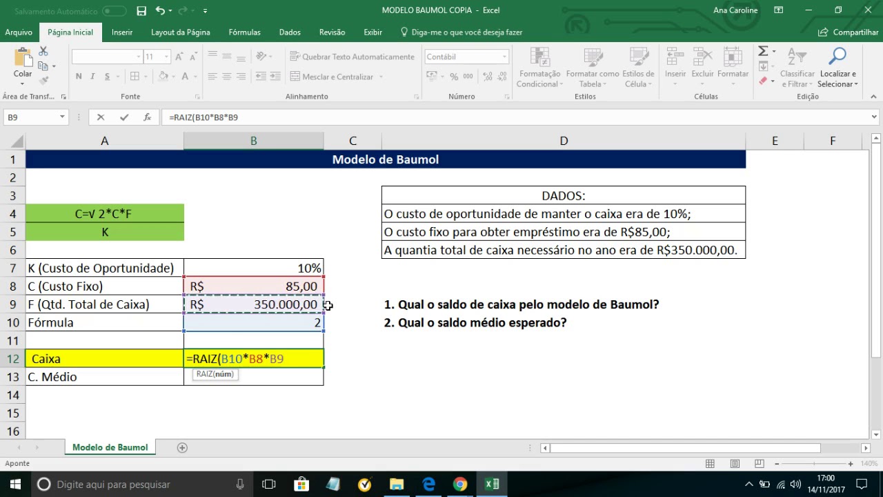 Cálculo do caixa com o Modelo de Baumol - YouTube