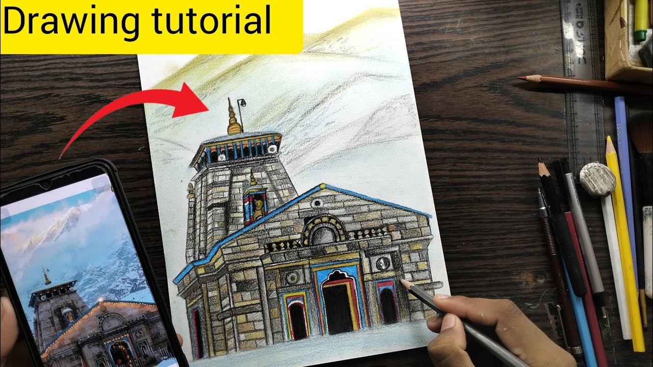 How to draw Kedarnath temple Stap By Stap full Drawing tutorial - YouTube