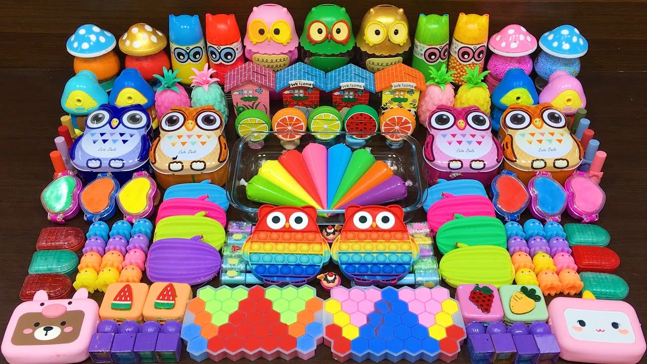 RAINBOW OWL SLIME ! Mixing Random into GLOSSY Slime ! Satisfying Slime ...
