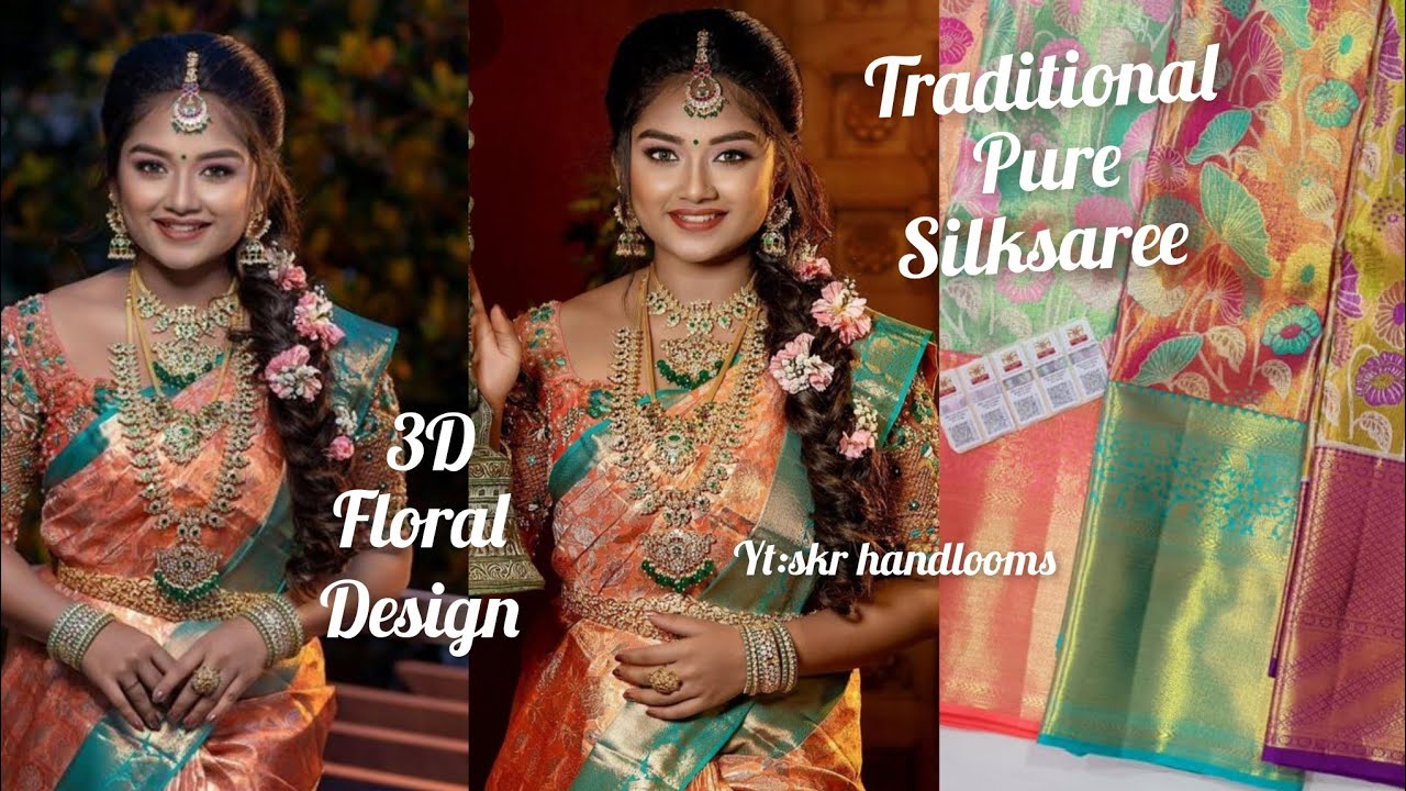 Kanjeevaram Traditional Pure Silk Sarees Full 3D Floral design # ...