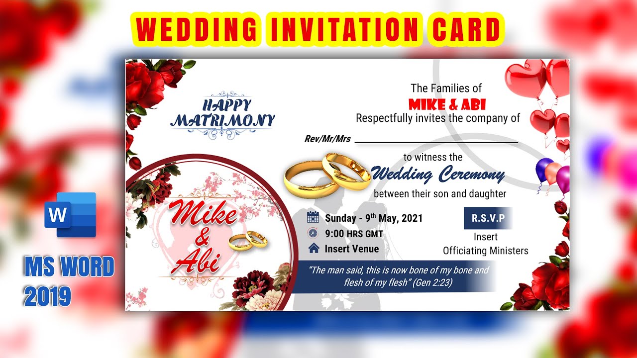 Wedding Invitation Card Design: Microsoft Word 2019 - Landscape - YouTube