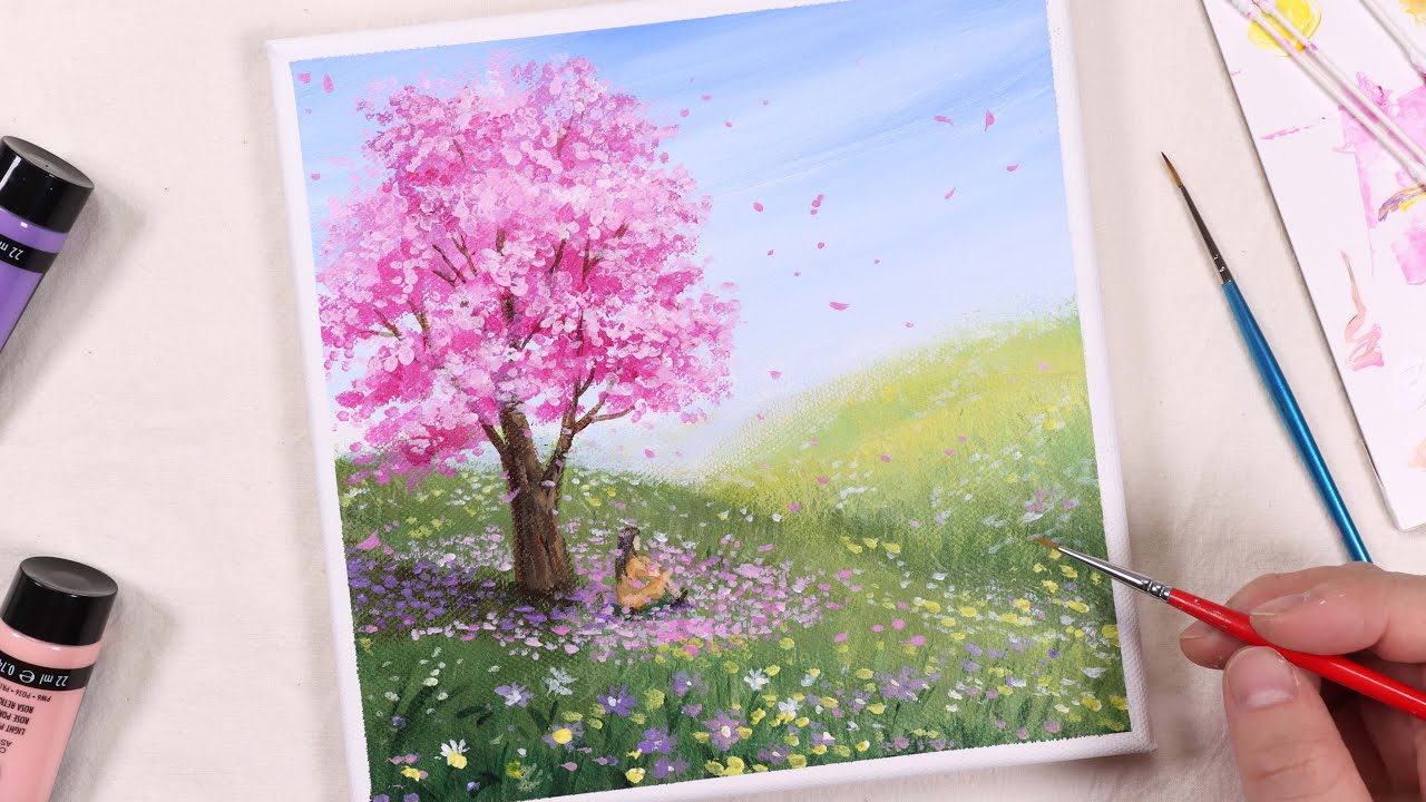 Under cherry blossom tree / Acrylic painting for beginners ...